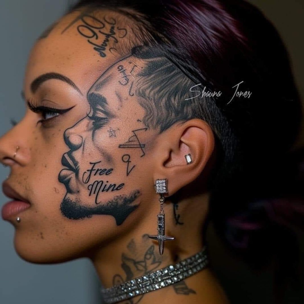 Woman gets a HUGE TATTOO of her mans face ON HER FACE... Are you ...